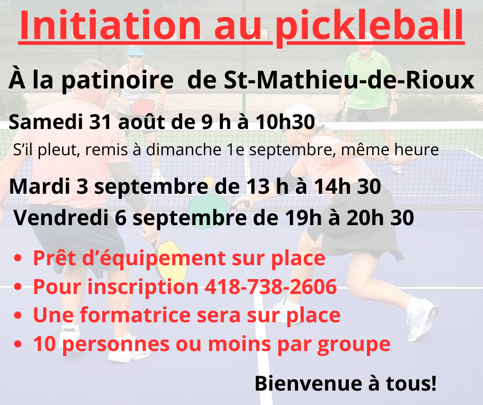 Initiation au pickleball - Municipalité de Saint-Mathieu-de-Rioux